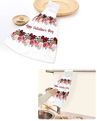 Hanging Kitchen Towels 2 Pack, Happy Valentines Day Hand Towel with Loop Absorbent Dish Cloth Tie Towels for Bathroom Laundry Room Decor Hand Dry Towel Rose Heart Plaid Leopard Print