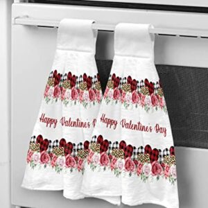 Hanging Kitchen Towels 2 Pack, Happy Valentines Day Hand Towel with Loop Absorbent Dish Cloth Tie Towels for Bathroom Laundry Room Decor Hand Dry Towel Rose Heart Plaid Leopard Print