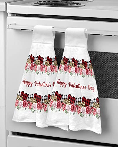 Hanging Kitchen Towels 2 Pack, Happy Valentines Day Hand Towel with Loop Absorbent Dish Cloth Tie Towels for Bathroom Laundry Room Decor Hand Dry Towel Rose Heart Plaid Leopard Print