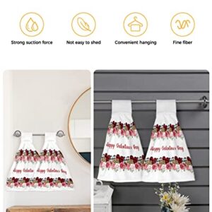 Hanging Kitchen Towels 2 Pack, Happy Valentines Day Hand Towel with Loop Absorbent Dish Cloth Tie Towels for Bathroom Laundry Room Decor Hand Dry Towel Rose Heart Plaid Leopard Print