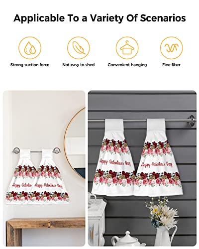 Hanging Kitchen Towels 2 Pack, Happy Valentines Day Hand Towel with Loop Absorbent Dish Cloth Tie Towels for Bathroom Laundry Room Decor Hand Dry Towel Rose Heart Plaid Leopard Print