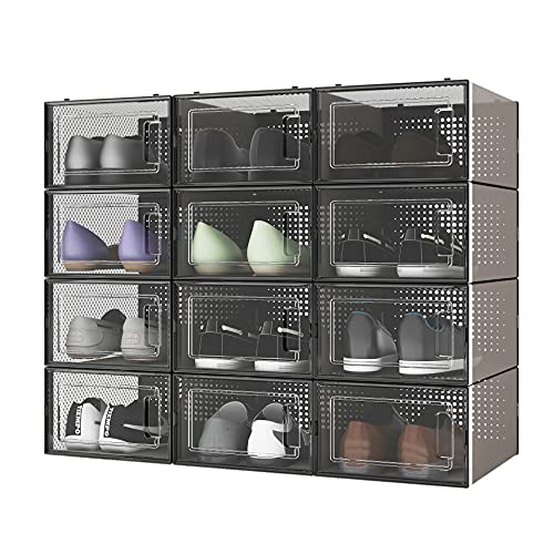 AOTENG STAR Drop Front Shoe Boxes 12 Pack Shoes Storage Containers Organizer Stackable,Plastic Shoe Storage Box Sneaker Cases for Closets Entryway Bedroom Garage,Fits Men's US Size 5.0-10