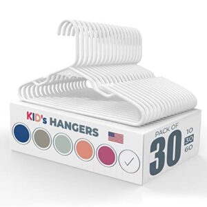 usa-made kids hangers plastic - non-slip toddler kid & baby hangers for closet, slim children's hangers for clothes with notches, best kids plastic hangers (white 30 pack)