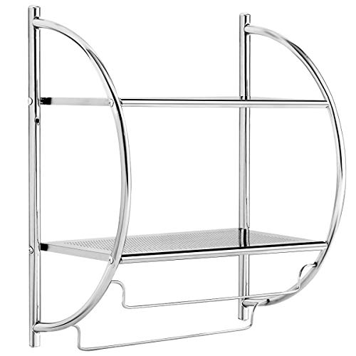 Tangkula Wall Mount 2 Tier Bathroom Shelf with Bars, 18" W X 10" D X 22" H, Chrome Bathroom Shelf, Home Toilet Double Layer Shelf, Rustproof Chrome Shelf, Bathroom Shelf