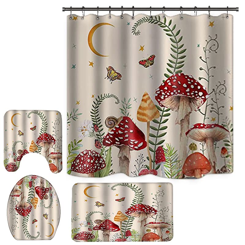 GUDAGUU 4 Piece Boho Mushroom Shower Curtain and Bath Mat Set,Butterfy Plant Moon Bohomian Bathroom Decor with Non Slip Rugs Mats Toilet Seat Cover Hooks Waterproof 71 Inch Long (Gray)