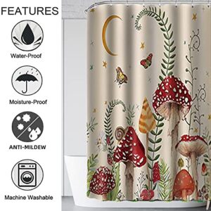 GUDAGUU 4 Piece Boho Mushroom Shower Curtain and Bath Mat Set,Butterfy Plant Moon Bohomian Bathroom Decor with Non Slip Rugs Mats Toilet Seat Cover Hooks Waterproof 71 Inch Long (Gray)