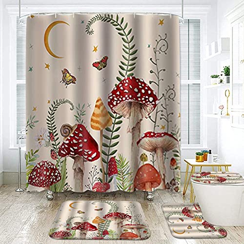 GUDAGUU 4 Piece Boho Mushroom Shower Curtain and Bath Mat Set,Butterfy Plant Moon Bohomian Bathroom Decor with Non Slip Rugs Mats Toilet Seat Cover Hooks Waterproof 71 Inch Long (Gray)