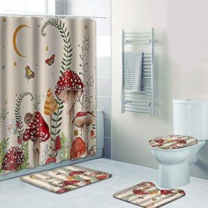 GUDAGUU 4 Piece Boho Mushroom Shower Curtain and Bath Mat Set,Butterfy Plant Moon Bohomian Bathroom Decor with Non Slip Rugs Mats Toilet Seat Cover Hooks Waterproof 71 Inch Long (Gray)