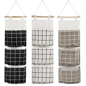 3pcs wall closet hanging storage bag, auhoky premium linen fabric over the door organizer, hanging storage pouches with 3 pockets for bedroom bathroom - waterproof & stylish (black/gray/white)