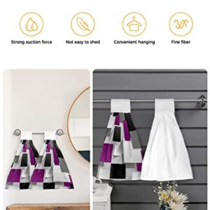 2 PCS Kitchen Hand Towels, Purple Geometry Soft Plush Hanging Tie Towels with Loop for Kitchen Bathroom Dish Cloth Tea Bar Towel Modern Abstract Art Ombre Black Grey