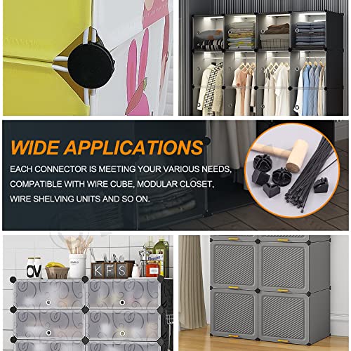 Rustark 91Pcs Black Wire Grid Cube Connectors with Zip Ties and Wooden Hammer, Cube Storage Connectors Foot Connectors for Cube Storage Modular Closet Storage Organizer and Wire Shelving