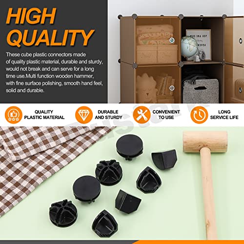 Rustark 91Pcs Black Wire Grid Cube Connectors with Zip Ties and Wooden Hammer, Cube Storage Connectors Foot Connectors for Cube Storage Modular Closet Storage Organizer and Wire Shelving