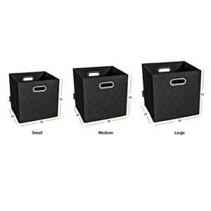 JIAessentials 12 inch Black Foldable Diamond Patterned Faux Leather Storage Cube Bins Set of Two with Handles for living room, bedroom and office storage