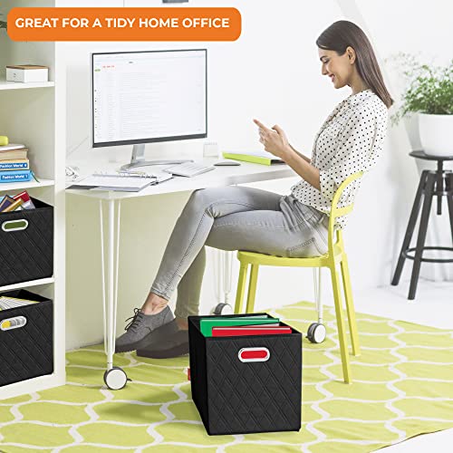 JIAessentials 12 inch Black Foldable Diamond Patterned Faux Leather Storage Cube Bins Set of Two with Handles for living room, bedroom and office storage