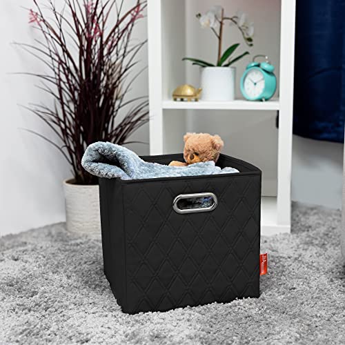 JIAessentials 12 inch Black Foldable Diamond Patterned Faux Leather Storage Cube Bins Set of Two with Handles for living room, bedroom and office storage