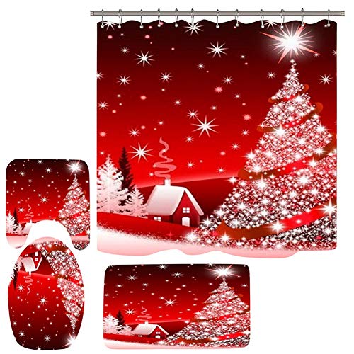 zhangwei Shower Curtains for Bathroom, Christmas Shower Curtain Set for Bathroom, Winter Holiday Festival New Year Shower Curtain Sets with 12 Hooks and Non-Slip Rugs, Bath Mat, Toilet Lid Cover