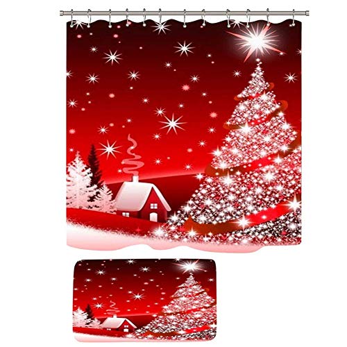 zhangwei Shower Curtains for Bathroom, Christmas Shower Curtain Set for Bathroom, Winter Holiday Festival New Year Shower Curtain Sets with 12 Hooks and Non-Slip Rugs, Bath Mat, Toilet Lid Cover