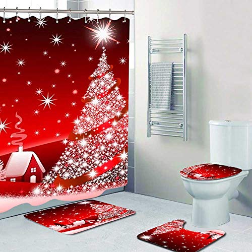 zhangwei Shower Curtains for Bathroom, Christmas Shower Curtain Set for Bathroom, Winter Holiday Festival New Year Shower Curtain Sets with 12 Hooks and Non-Slip Rugs, Bath Mat, Toilet Lid Cover