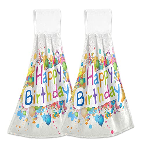 Kigai Happy Birthday Hanging Tie Towels Set of 2, Absorbent Hand Towels Tea Bar Dish Dry Towels for Kitchen Bathroom Home Decor, 14 x 18 Inch