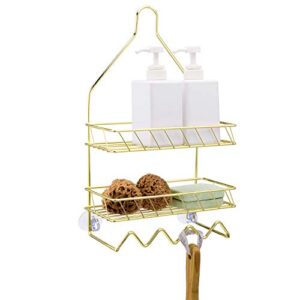 MyGift Brass Plated Metal Shower Caddy Over Shower Head Hanging Bathroom Organizer Rack with Suction Cup