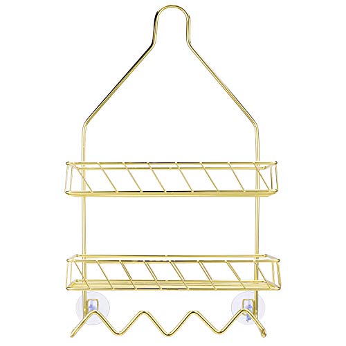 MyGift Brass Plated Metal Shower Caddy Over Shower Head Hanging Bathroom Organizer Rack with Suction Cup