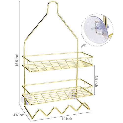 MyGift Brass Plated Metal Shower Caddy Over Shower Head Hanging Bathroom Organizer Rack with Suction Cup