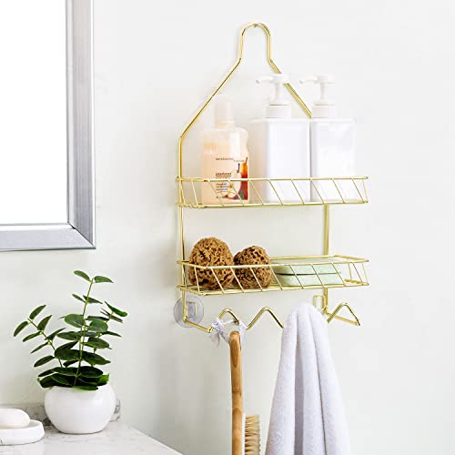 MyGift Brass Plated Metal Shower Caddy Over Shower Head Hanging Bathroom Organizer Rack with Suction Cup