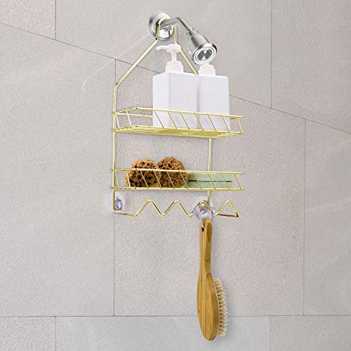 MyGift Brass Plated Metal Shower Caddy Over Shower Head Hanging Bathroom Organizer Rack with Suction Cup