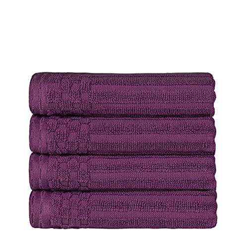 SUPERIOR Cotton 4-Piece Solid and Ribbed Hand Towel Set, Hand Towels- 16" x 28", Plum