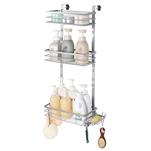 Fogein Over the Door Shower Caddy, Adjustable Hanging Organizer Shelf Rustproof, Shower Basket with Suction Cup, Bathroom Shower Caddy Over The Door with Hook & Soap Box, No Drilling(3 Tier, Silver)