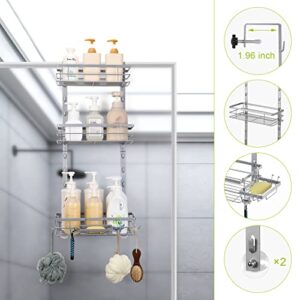 Fogein Over the Door Shower Caddy, Adjustable Hanging Organizer Shelf Rustproof, Shower Basket with Suction Cup, Bathroom Shower Caddy Over The Door with Hook & Soap Box, No Drilling(3 Tier, Silver)