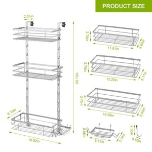 Fogein Over the Door Shower Caddy, Adjustable Hanging Organizer Shelf Rustproof, Shower Basket with Suction Cup, Bathroom Shower Caddy Over The Door with Hook & Soap Box, No Drilling(3 Tier, Silver)