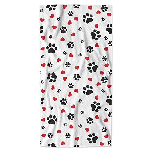 AOYEGO Cute Colorful Paw Print Bath Towels Lovely Puppy Animal Dog Cat Footprint Red Hearts Kitchen Hand Towels Bathroom Decor Soft Beach Microfiber Hair Towels 15x30 Inch