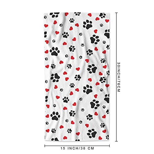 AOYEGO Cute Colorful Paw Print Bath Towels Lovely Puppy Animal Dog Cat Footprint Red Hearts Kitchen Hand Towels Bathroom Decor Soft Beach Microfiber Hair Towels 15x30 Inch