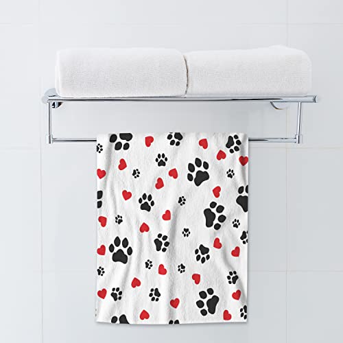 AOYEGO Cute Colorful Paw Print Bath Towels Lovely Puppy Animal Dog Cat Footprint Red Hearts Kitchen Hand Towels Bathroom Decor Soft Beach Microfiber Hair Towels 15x30 Inch