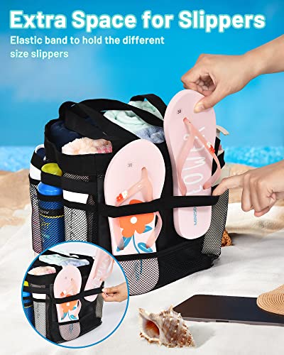 ULG Shower Bag, Mesh Shower Caddy with Waterproof Bag and Slippers Pocket, Large Hanging Portable Shower Tote Beach Bag with S Hook for College, Dorm, Gym, Camp, Beach, Pool