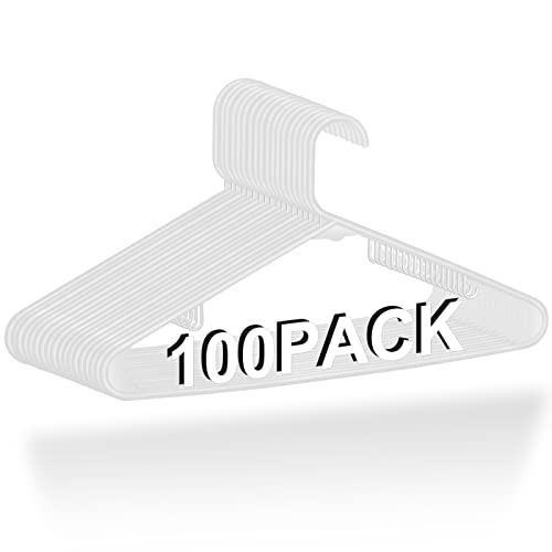 SUPER DEAL 100 Pack White Plastic Hangers with Double Hooks for Camisole Tanks Shirts Dress Standard Thick Clothes Hangers for Closet Heavy Duty for Laundry and Everyday Use