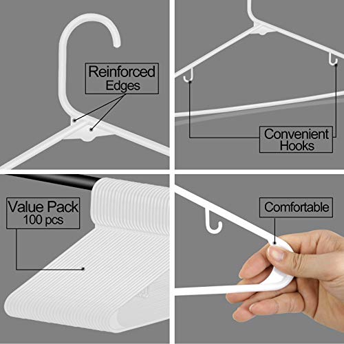 SUPER DEAL 100 Pack White Plastic Hangers with Double Hooks for Camisole Tanks Shirts Dress Standard Thick Clothes Hangers for Closet Heavy Duty for Laundry and Everyday Use