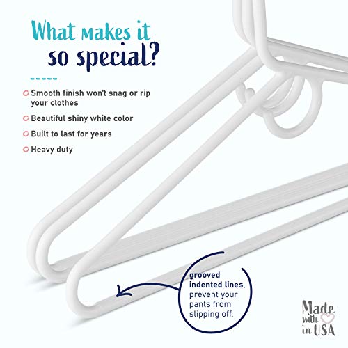 USA Made Heavy Duty White Plastic Hangers Pack of 24 Clothes Hangers with Hook for Scarves, Belts, Straps - Clothing, Suit, and Coat Hangers for Everyday Use