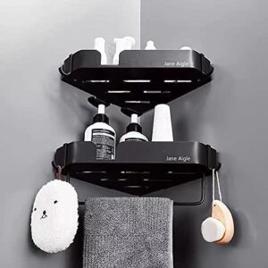 Jane Aigle Black Shower Corner Shelves 2-tier No Drilling Wall Mounted shower shelf Caddy with Towel rack for Bathroom Kitchen Organization and Storage