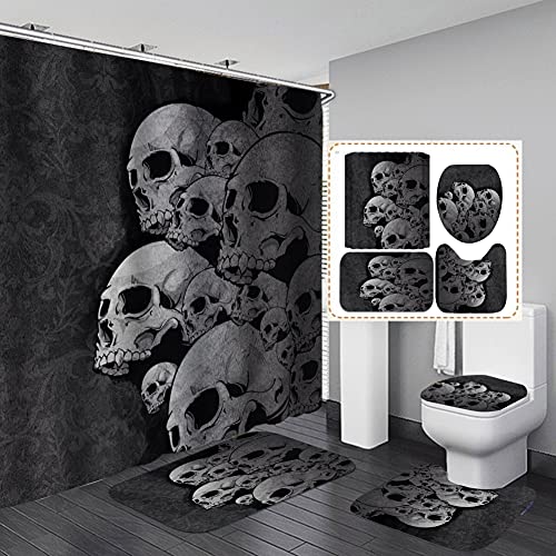 Yinrunx 4 PCS Halloween Shower Curtain Set with Rugs Toilet Lid Cover Bath Mat,Skull/Pumpkin/Witch/Bloody Hand/Girl Shower Curtain with 12 Hooks,Shower Curtain for Bathroom Set for Hotel Decorations