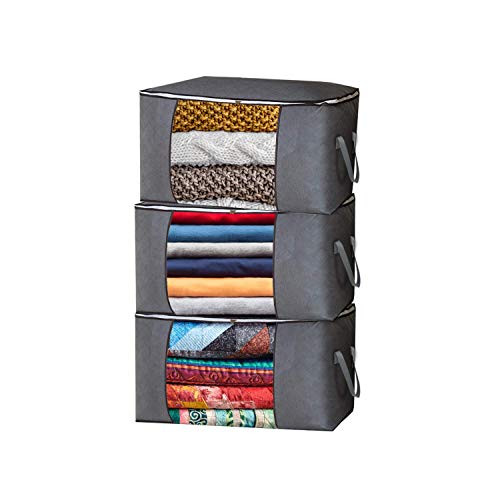 ModernHuman Eco Friendly Clothes Organizer and Storage for Bedroom - Bins for Blanket Organization - Closet Storage Bags with Lids - 3 Pack