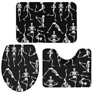 teather halloween skull bath rugs sets 3 piece funny skeleton yoga bathroom mats set non slip water absorbent u-shaped contour toilet mat black white toilet lid cover, halloween black bath mat