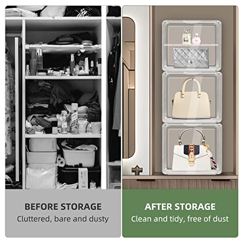 Purse Organizer for Closet, Handbag Storage Organizer, Acrylic Box for Hats, Clear Sunglasses Organizer, Figure Display Case, White Stackable Acrylic Case Organizer with Magnetic Door