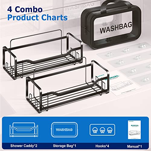 Scorsese Shower Caddy, Adhesive Shower Organizer No Drilling, 2-Pack Shower Shelves with Toiletry Bag, Rustproof Bathroom Shower Organizer for Inside Shower - Black