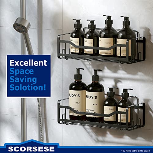 Scorsese Shower Caddy, Adhesive Shower Organizer No Drilling, 2-Pack Shower Shelves with Toiletry Bag, Rustproof Bathroom Shower Organizer for Inside Shower - Black