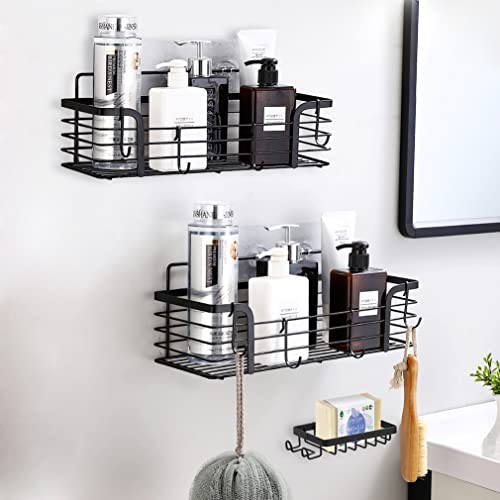 MBR FORCE Shower Caddy 3-Pack Adhesive Bathroom Shower Shelf, Large Capacity Stainless Steel Shower Organizer Shelves with Hooks, No Drilling, Rustproof, Wall Mount for Bathroom, Kitchen Black