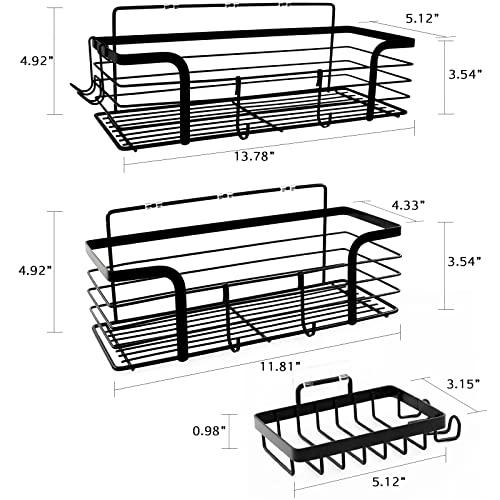 MBR FORCE Shower Caddy 3-Pack Adhesive Bathroom Shower Shelf, Large Capacity Stainless Steel Shower Organizer Shelves with Hooks, No Drilling, Rustproof, Wall Mount for Bathroom, Kitchen Black