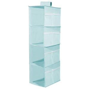 leefasy hanging closet organizer wardrobe storage shelves for sweaters hat clothes with side storage bag easily attach to closet rods , blue