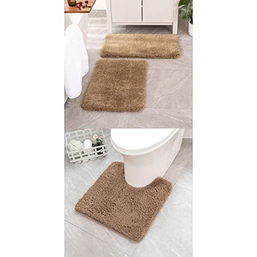 MIULEE Set of 2 Beige Non Slip Shaggy Bathroom Rugs and U-Shaped Contour Toilet Bath Mat or Tub Shower Machine Washable